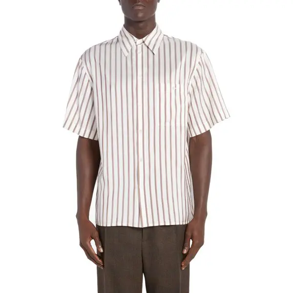 Bottega Veneta Bicolor Stripe Short Sleeve Silk Button-Up Shirt